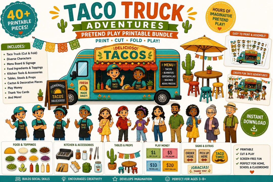 Pretend Play Taco Truck Printable Bundle | Taco Stand Dramatic Play Set ...