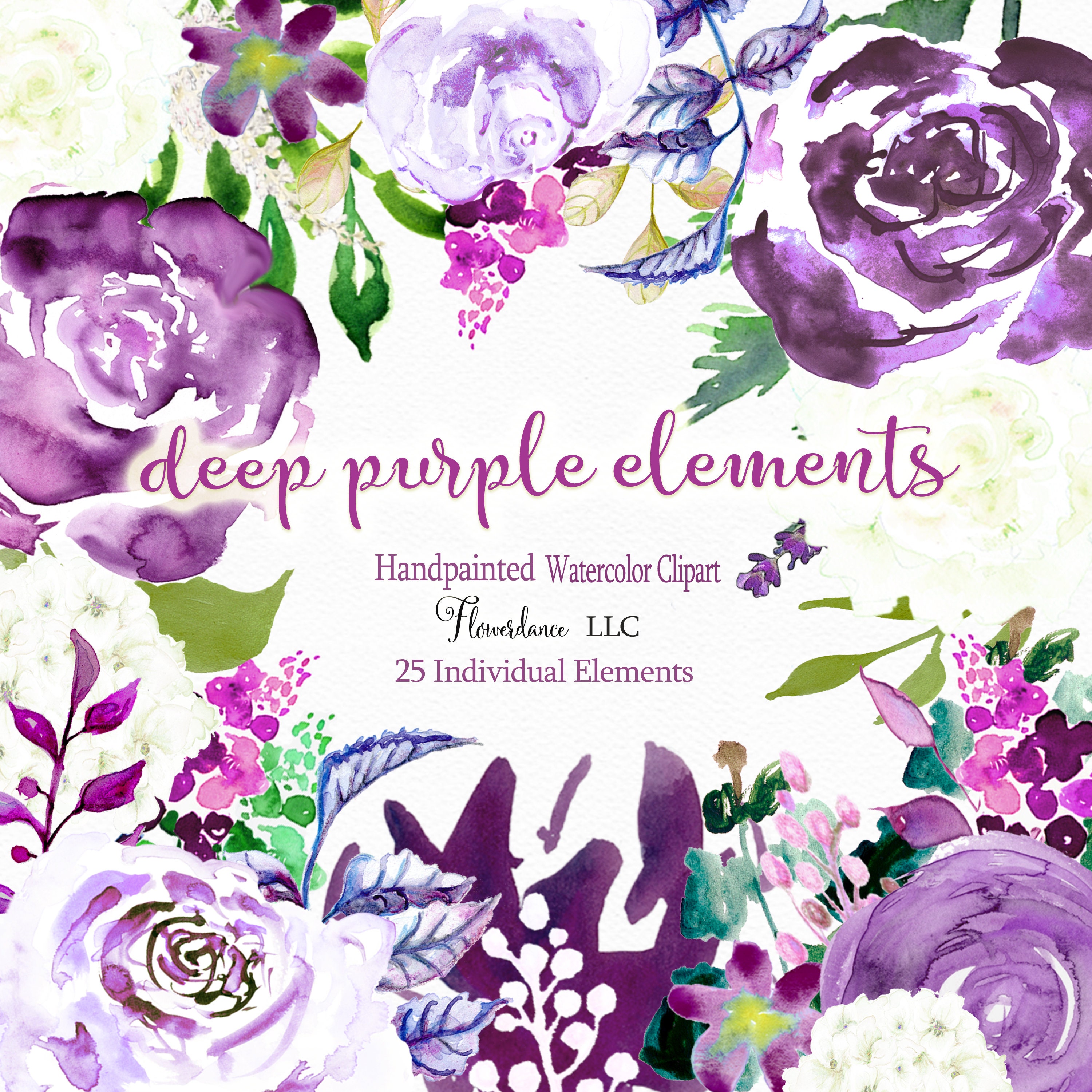 Plum Purple Watercolor Clipart Elements With Roses and - Etsy