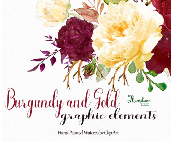 Burgundy and Gold Watercolor Clipart Floral Elements Bouquets - Etsy