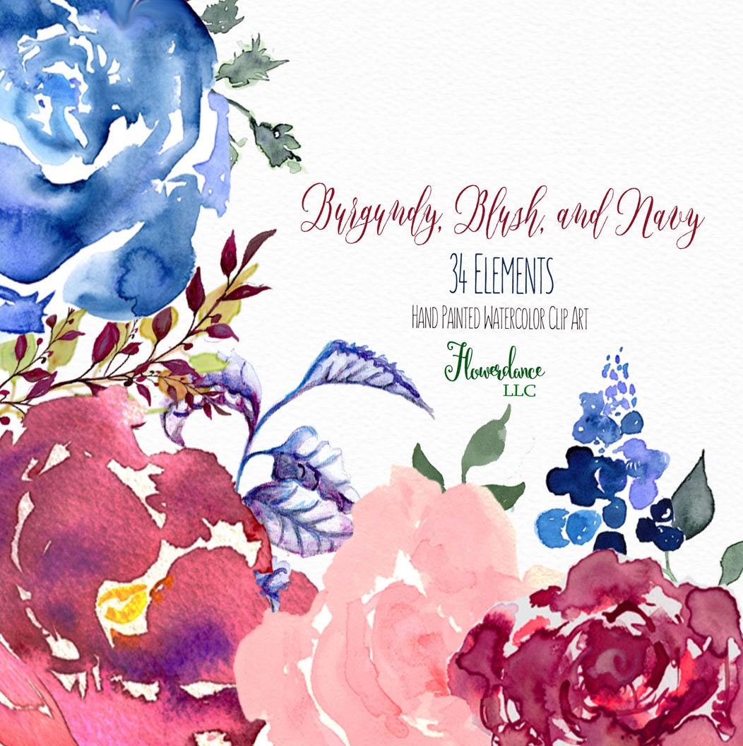 Watercolor Floral Clipart Burgundy Blush Pink Navy Blue | Etsy