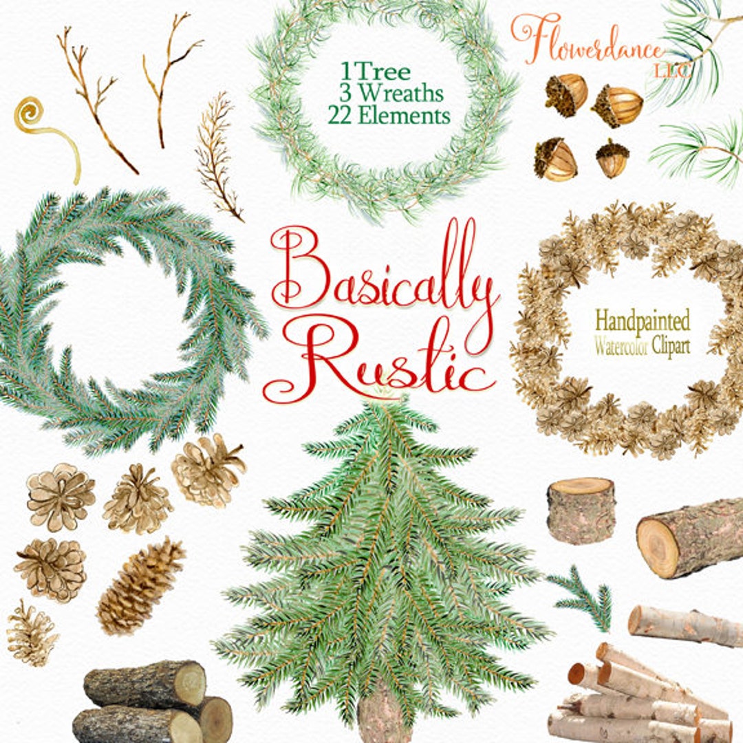 Rustic Woodland Watercolor Clipart, Wreaths, Pine Tree, Evergreen, Pine ...