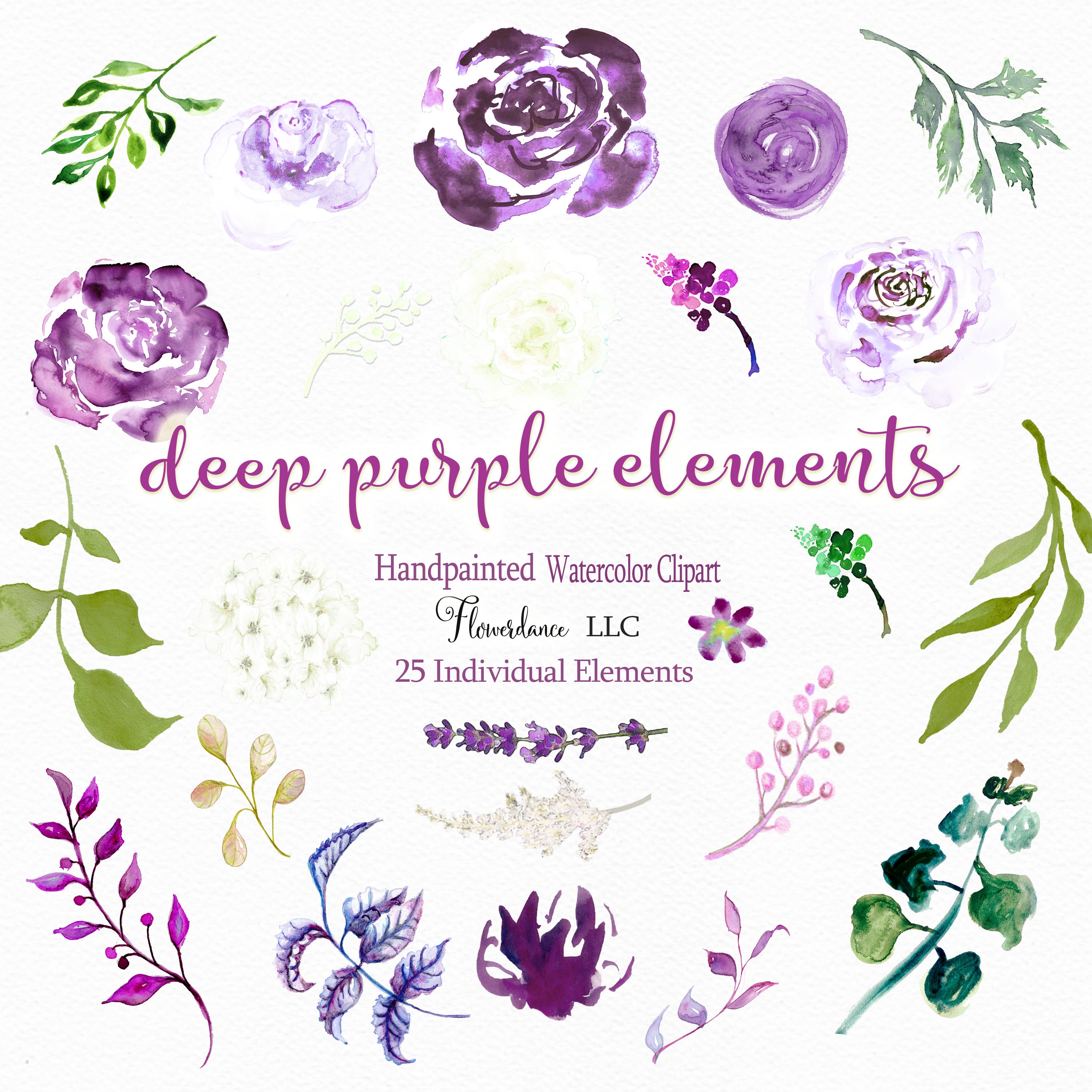 Plum Purple Watercolor Clipart Elements With Roses and - Etsy