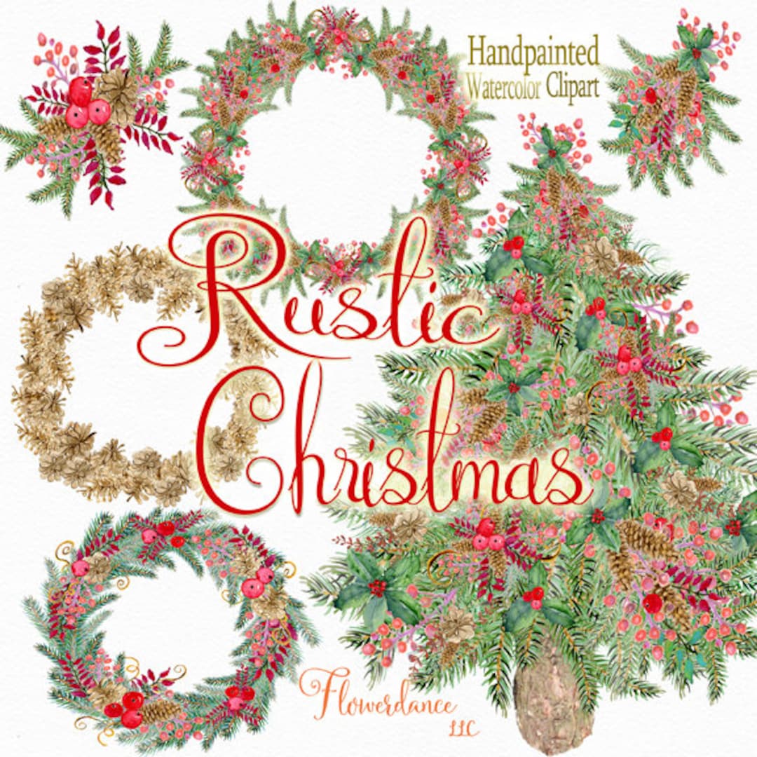 Christmas Watercolor Clipart, Woodland, Evergreen Tree, Wreaths, Pine ...