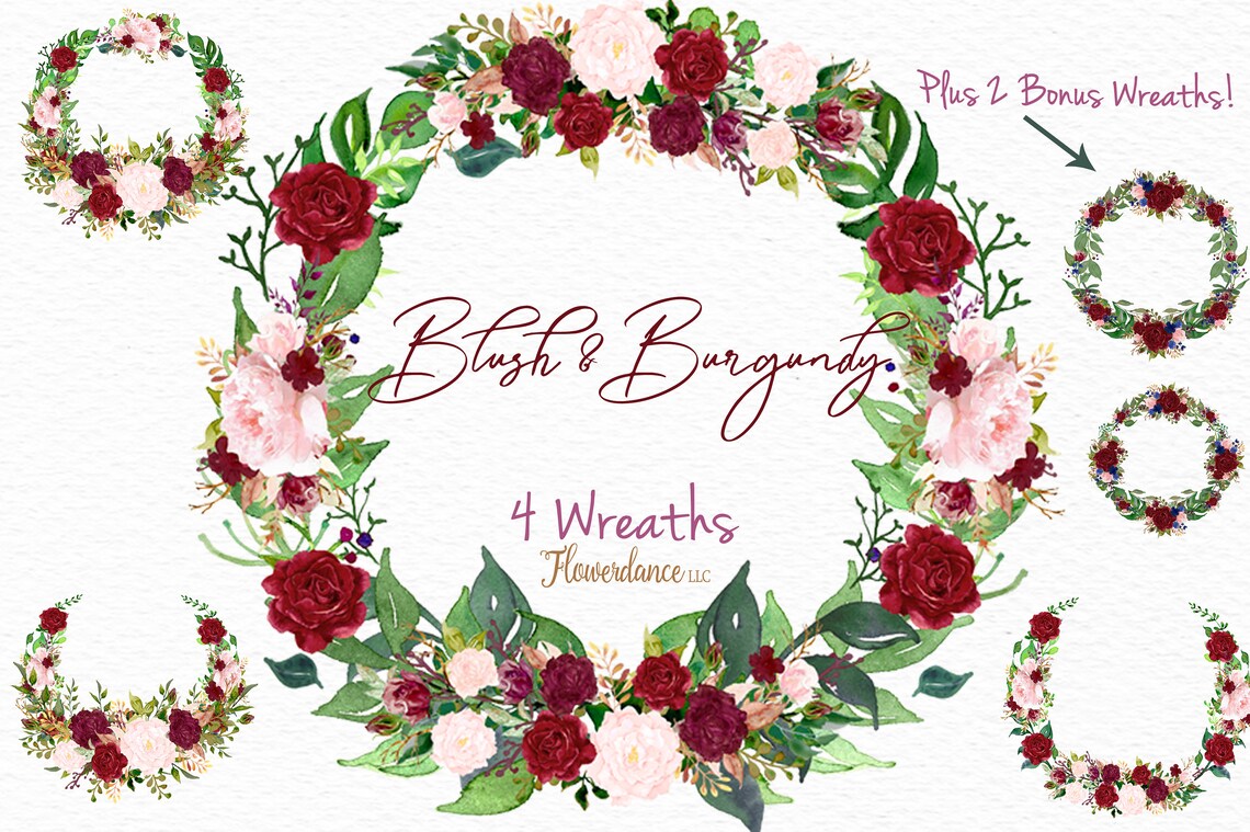 Blush and Burgundy Floral Wreath Clipart Wedding Invitation - Etsy