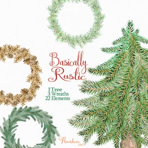 Rustic Woodland Watercolor Clipart, Wreaths, Pine Tree, Evergreen, Pine ...