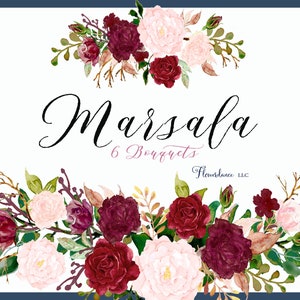 Marsala and Blush Watercolor Clipart Roses Bouquet Arrangements With ...
