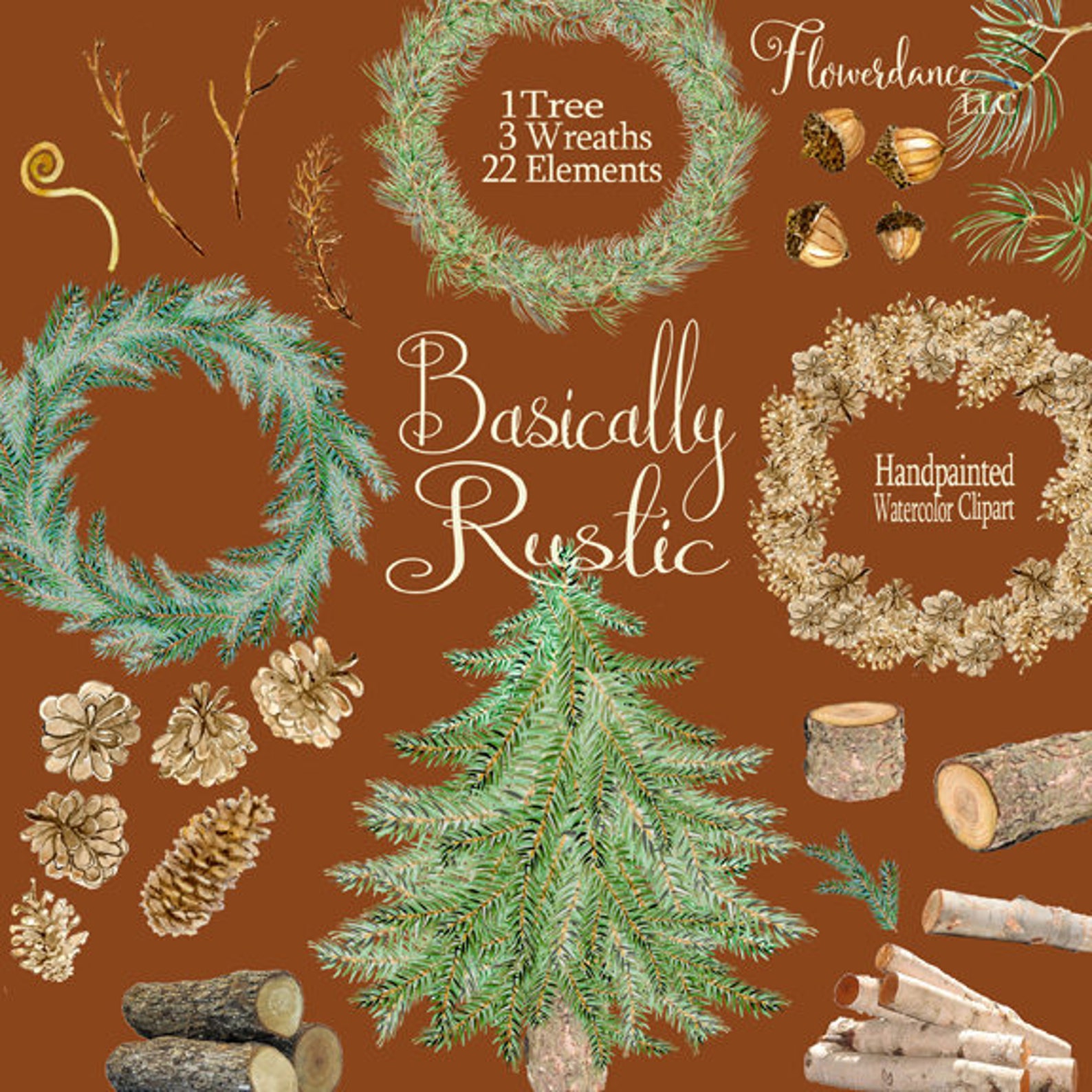 Rustic Woodland Watercolor Clipart Wreaths Pine Tree | Etsy