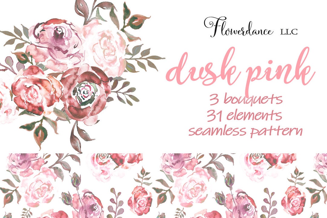 Dusty Rose Watercolor Clipart of Roses Blush, Pale Pink, Dusk and ...