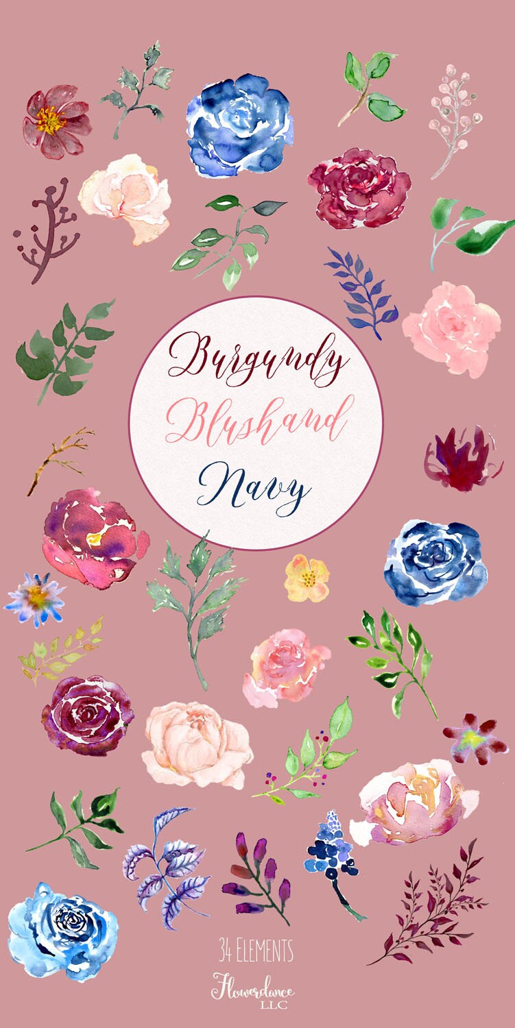 Watercolor Floral Clipart Burgundy Blush Pink Navy Blue | Etsy