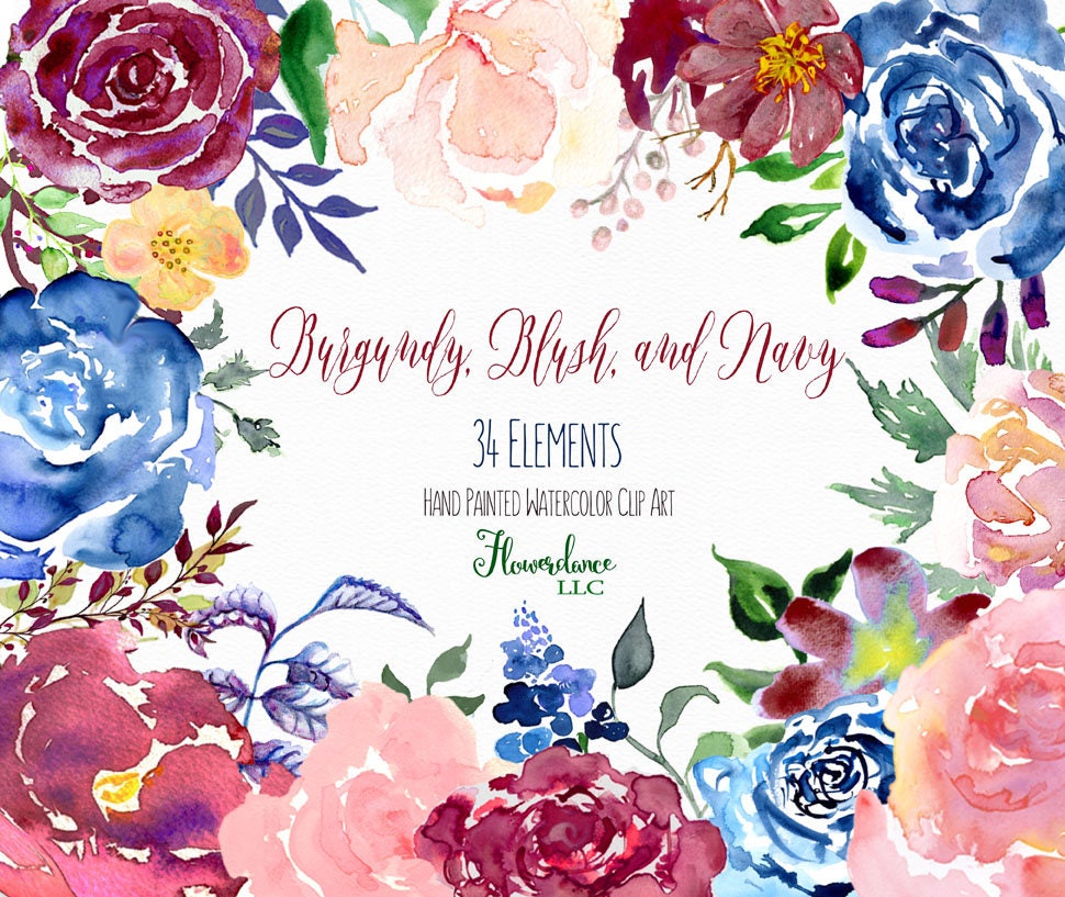 Watercolor Floral Clipart Burgundy Blush Pink Navy Blue | Etsy