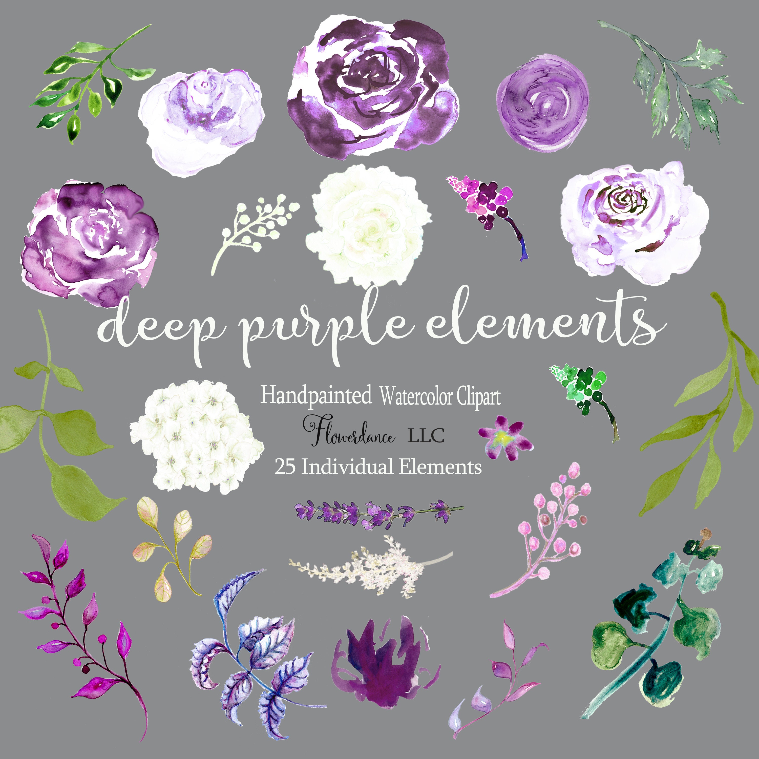 Plum Purple Watercolor Clipart Elements With Roses and - Etsy
