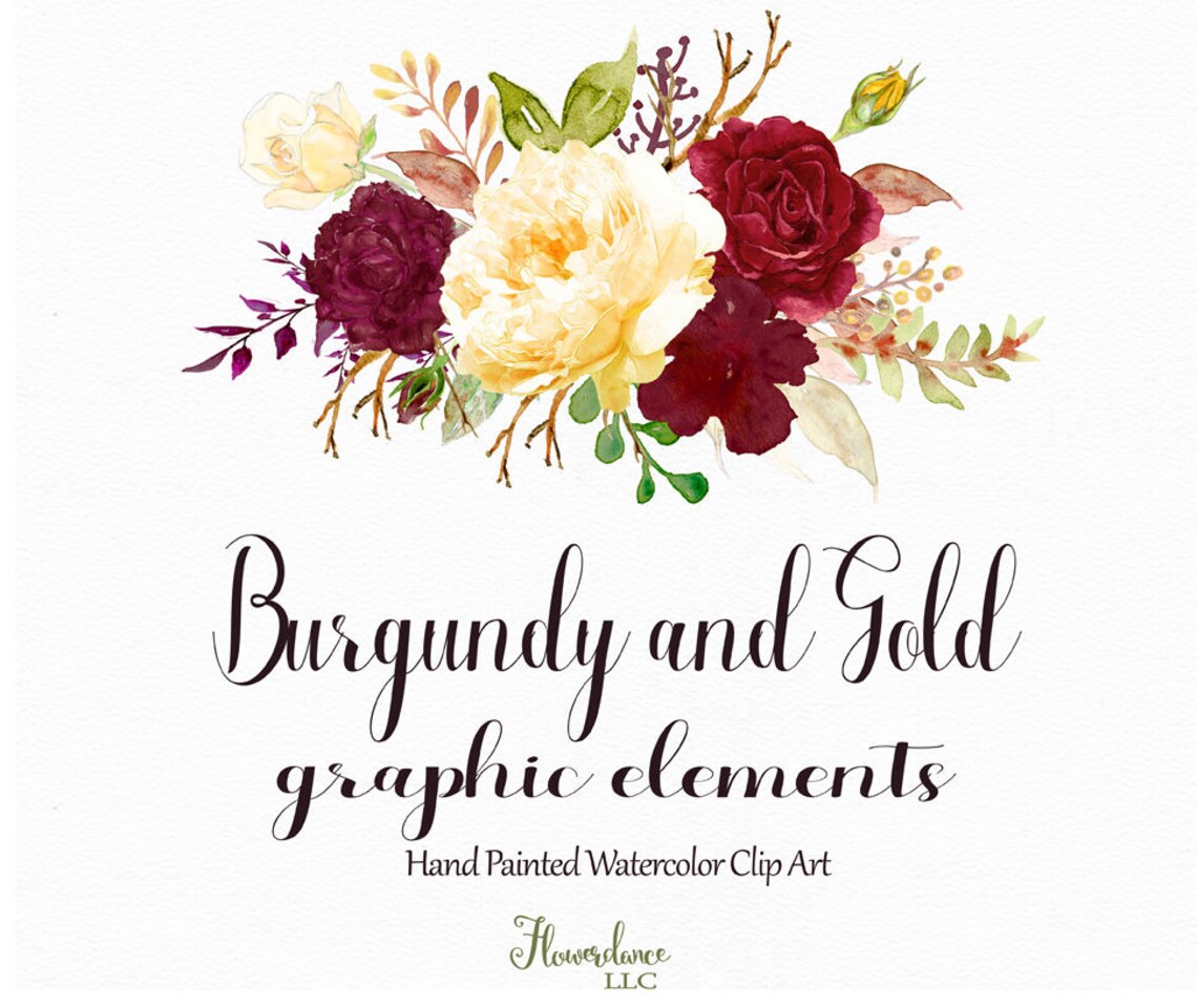 Burgundy and Gold Watercolor Clipart Floral Elements Bouquets - Etsy
