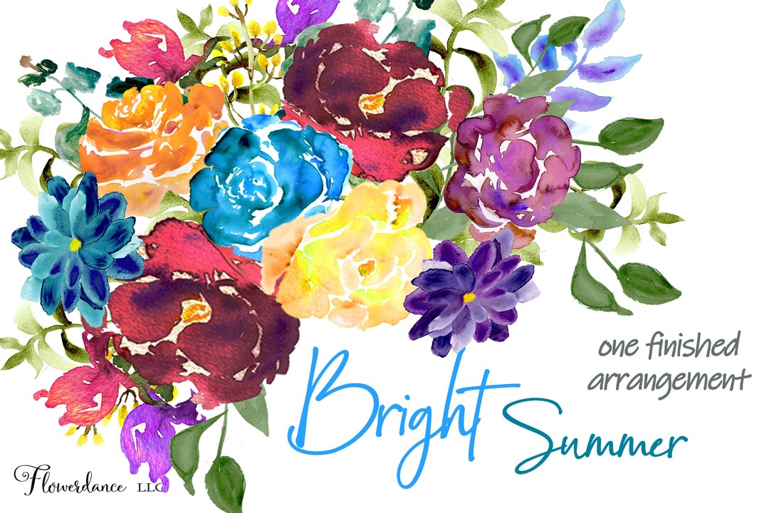 Bright Rainbow Floral Watercolor Clipart Bouquet One Arrangement Hand ...