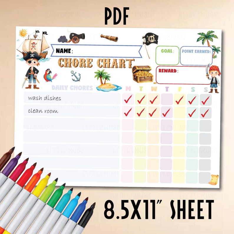 Digital Pirate Reward Chart. Preschool Behaviour Chore Chart (instant ...