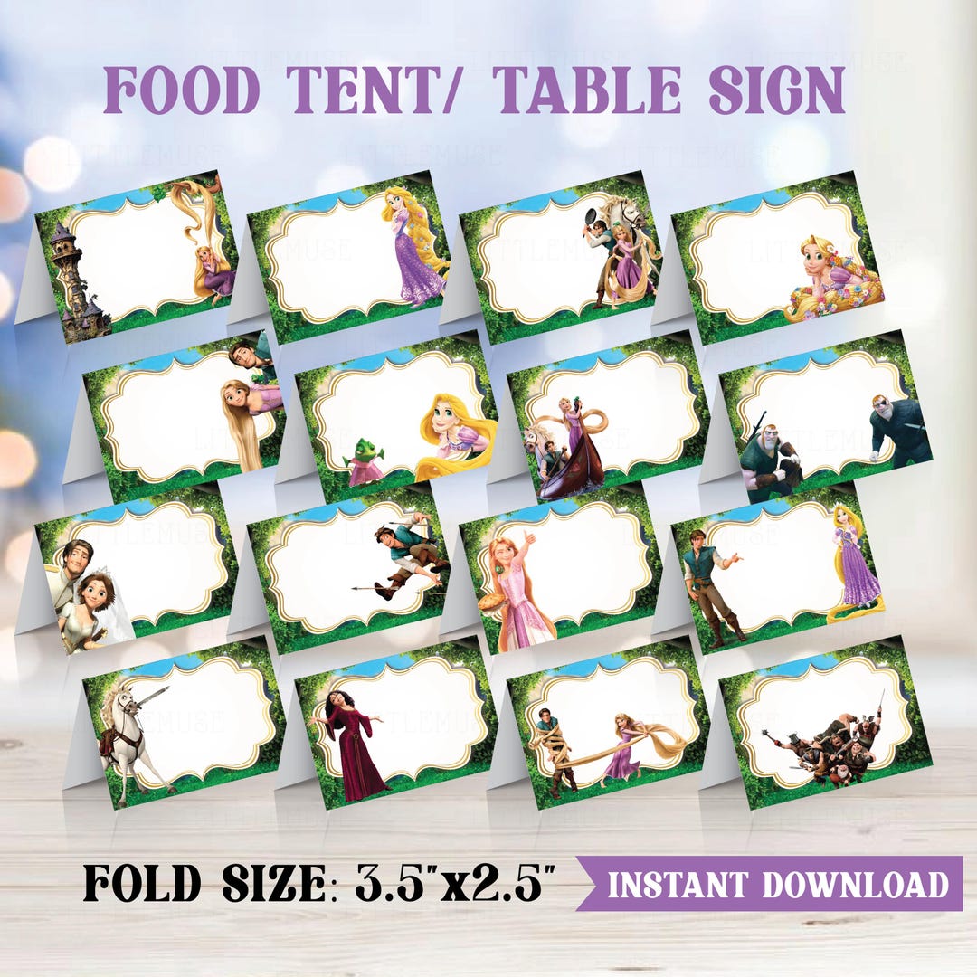 Digital Rapunzel Food Tent, Tangled Labels Table Sign Name Card ...