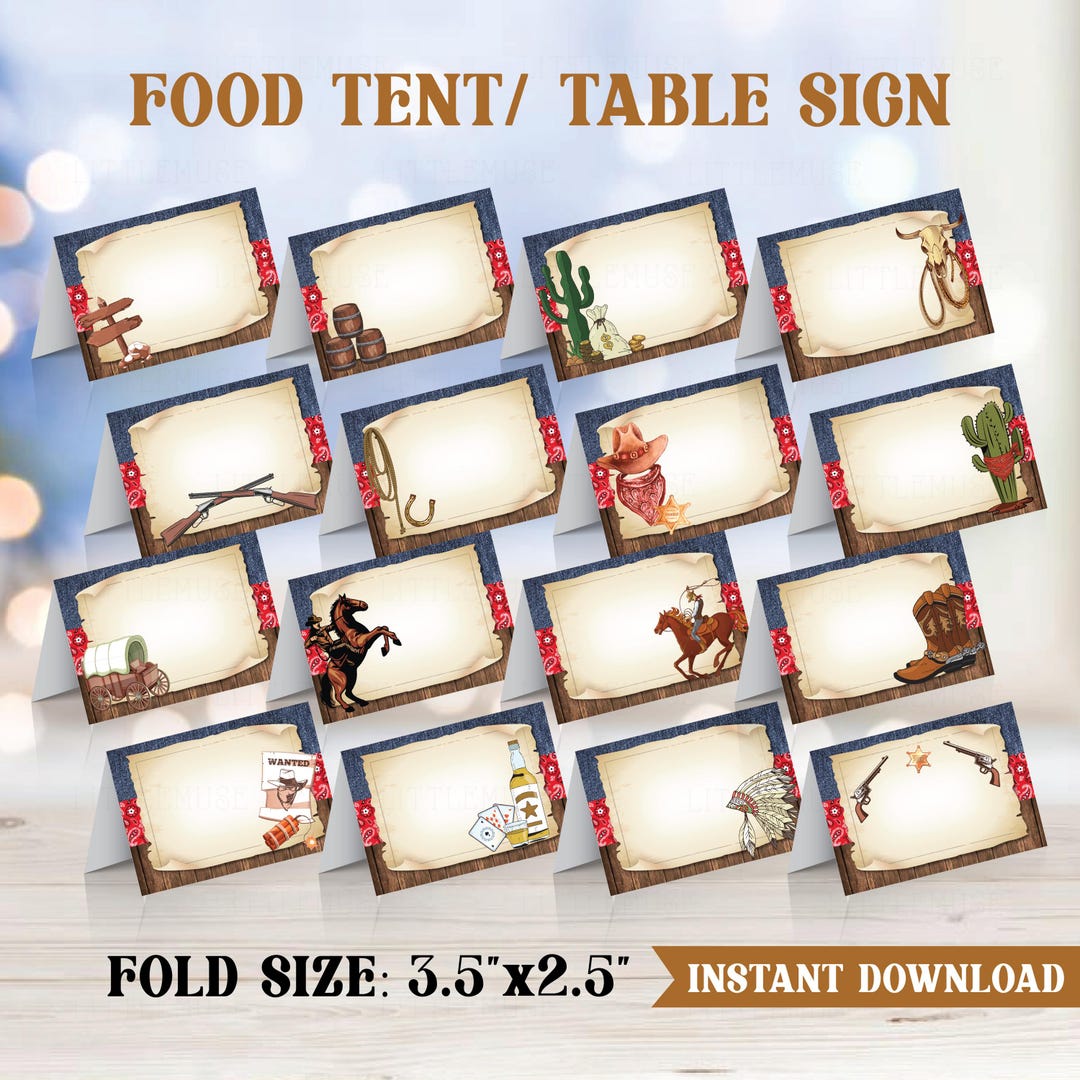 Digital Cowboy Labels, Wild West Food Tent, Table Sign Name Card ...