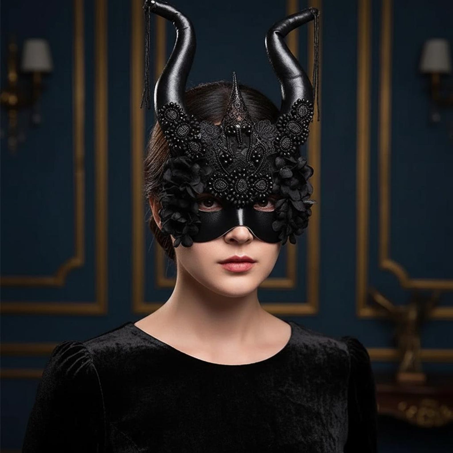 Black Devil Horn Masquerade Mask, Gothic Lace Medusa Headpiece for ...