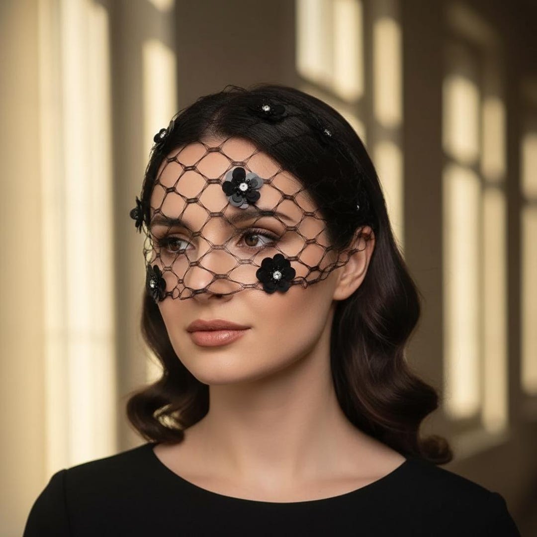 Avant-garde Black Mesh Face Mask, Floral Sequin Eye Veil, Gothic ...