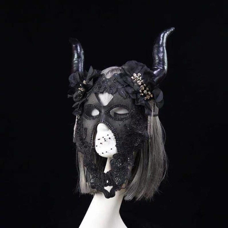 Black Gothic Horn Mask Lace Masquerade Mask Halloween Ball Costume ...