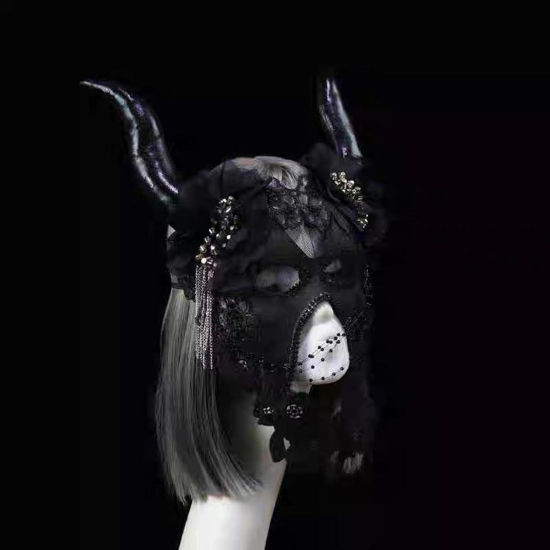 Black Gothic Horn Mask Lace Masquerade Mask Halloween Ball Costume ...