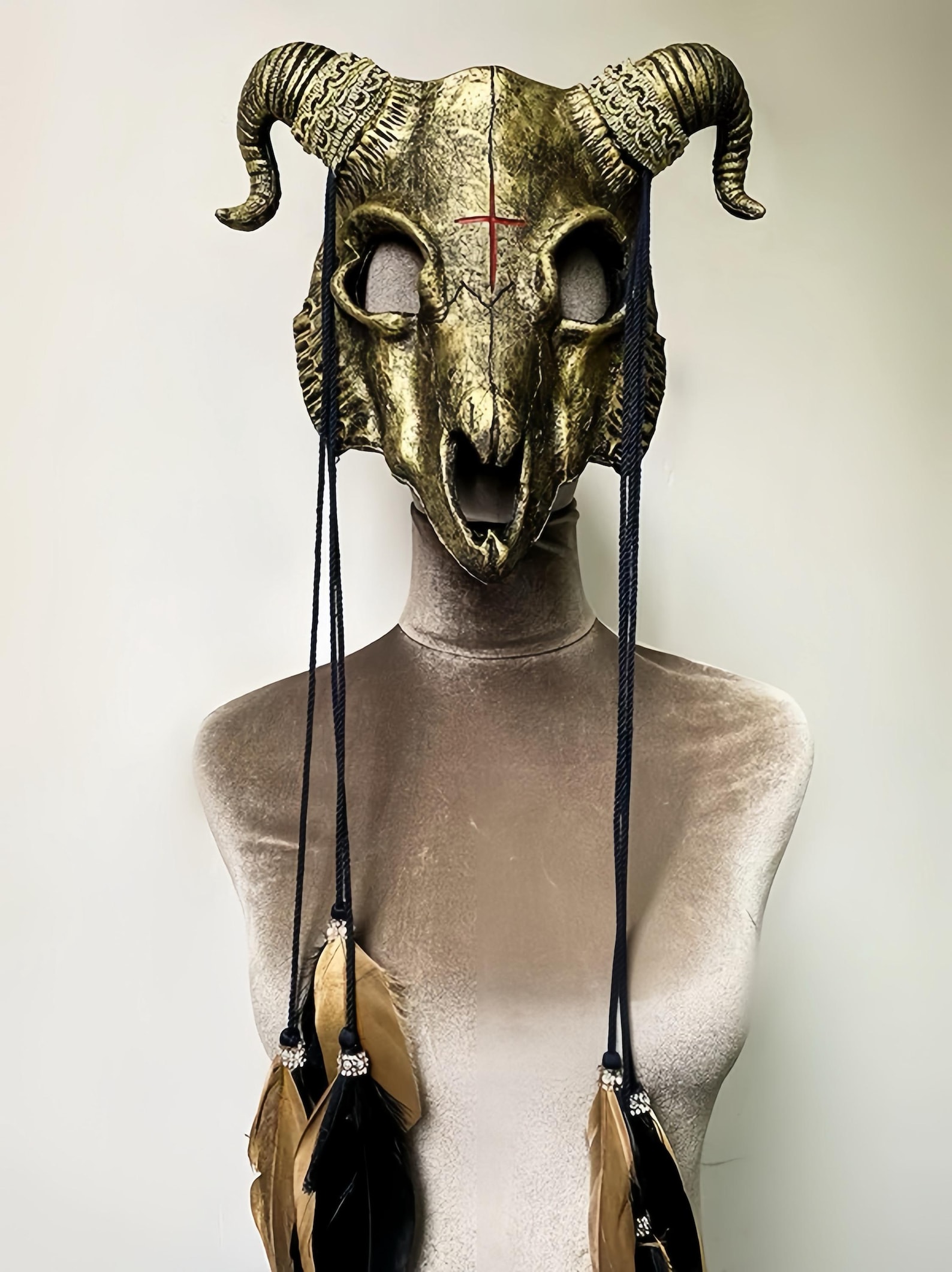 Ram Skull Mask & Feathered Ritual Cape Set - Pagan Shaman Headdress ...