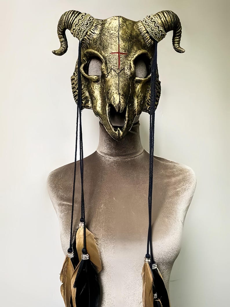 Ram Skull Mask & Feathered Ritual Cape Set - Pagan Shaman Headdress ...