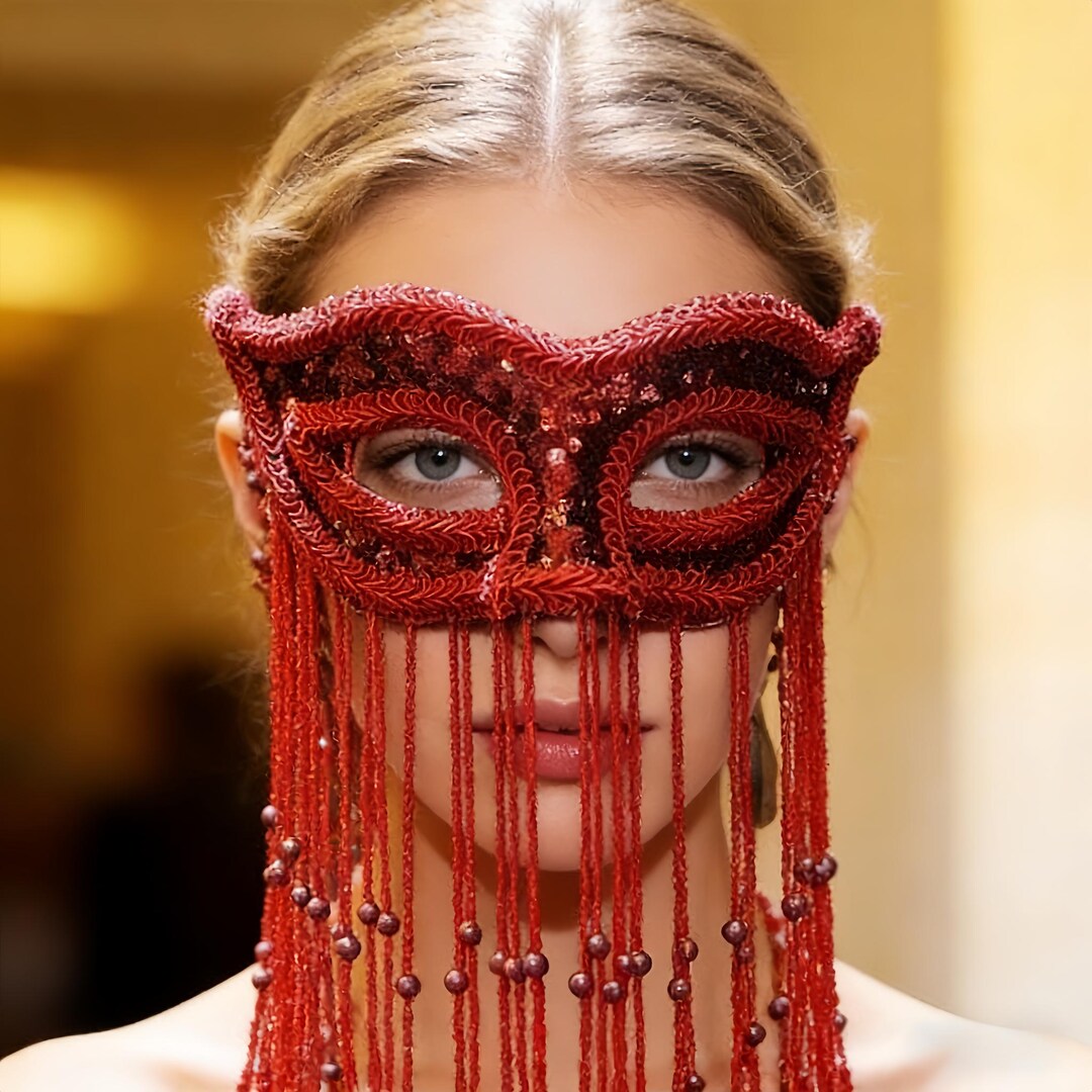 Red Sequin Masquerade Mask, Beaded Fringe Veil, Gothic Party - Etsy