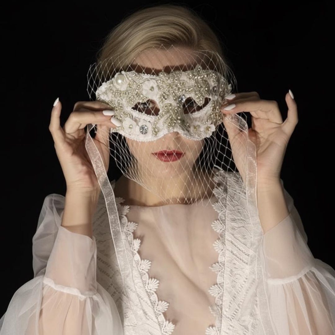 Ivory Veiled Masquerade Mask, Bridal Couture Face Accessory With Net ...