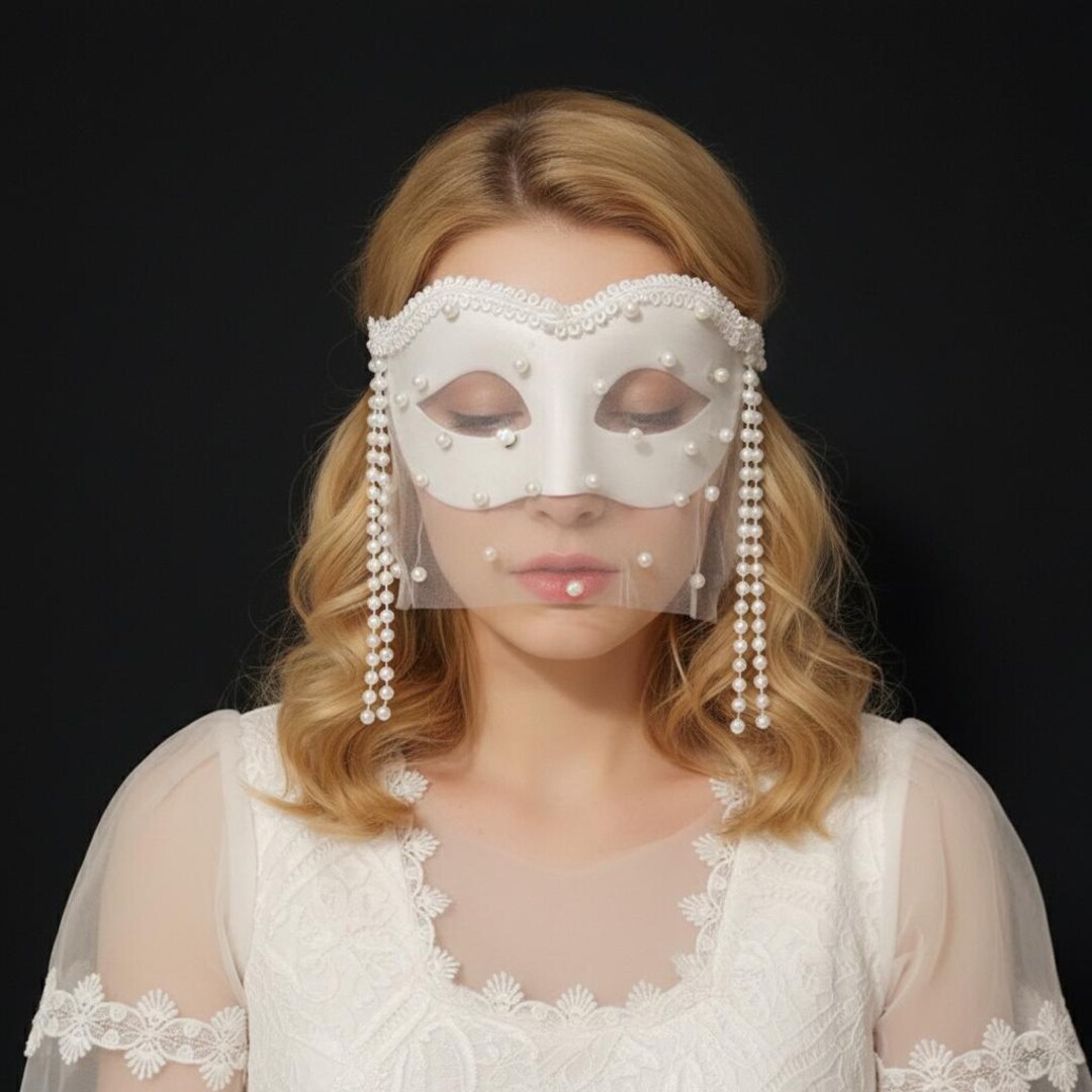White Pearl Masquerade Mask With Sheer Veil, Bridal Lace Eye Mask - Etsy