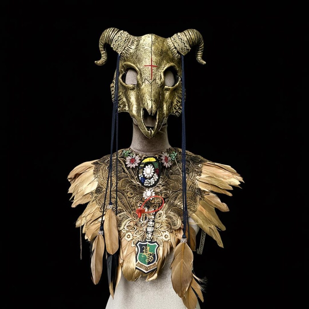 Ram Skull Mask & Feathered Ritual Cape Set - Pagan Shaman Headdress ...