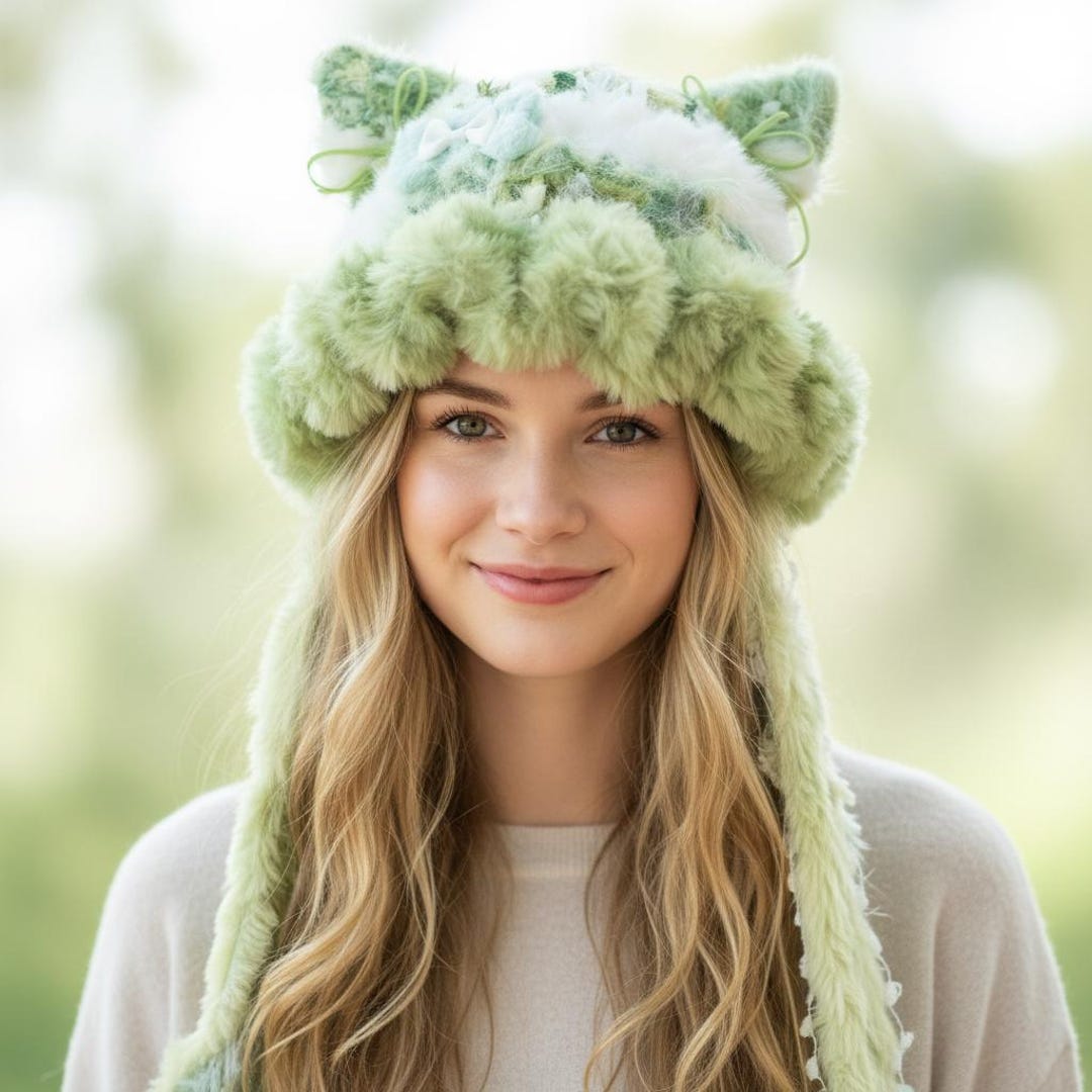 Green Floral Cat Ear Plush Hat, Cottagecore Fantasy Beanie for Festival ...