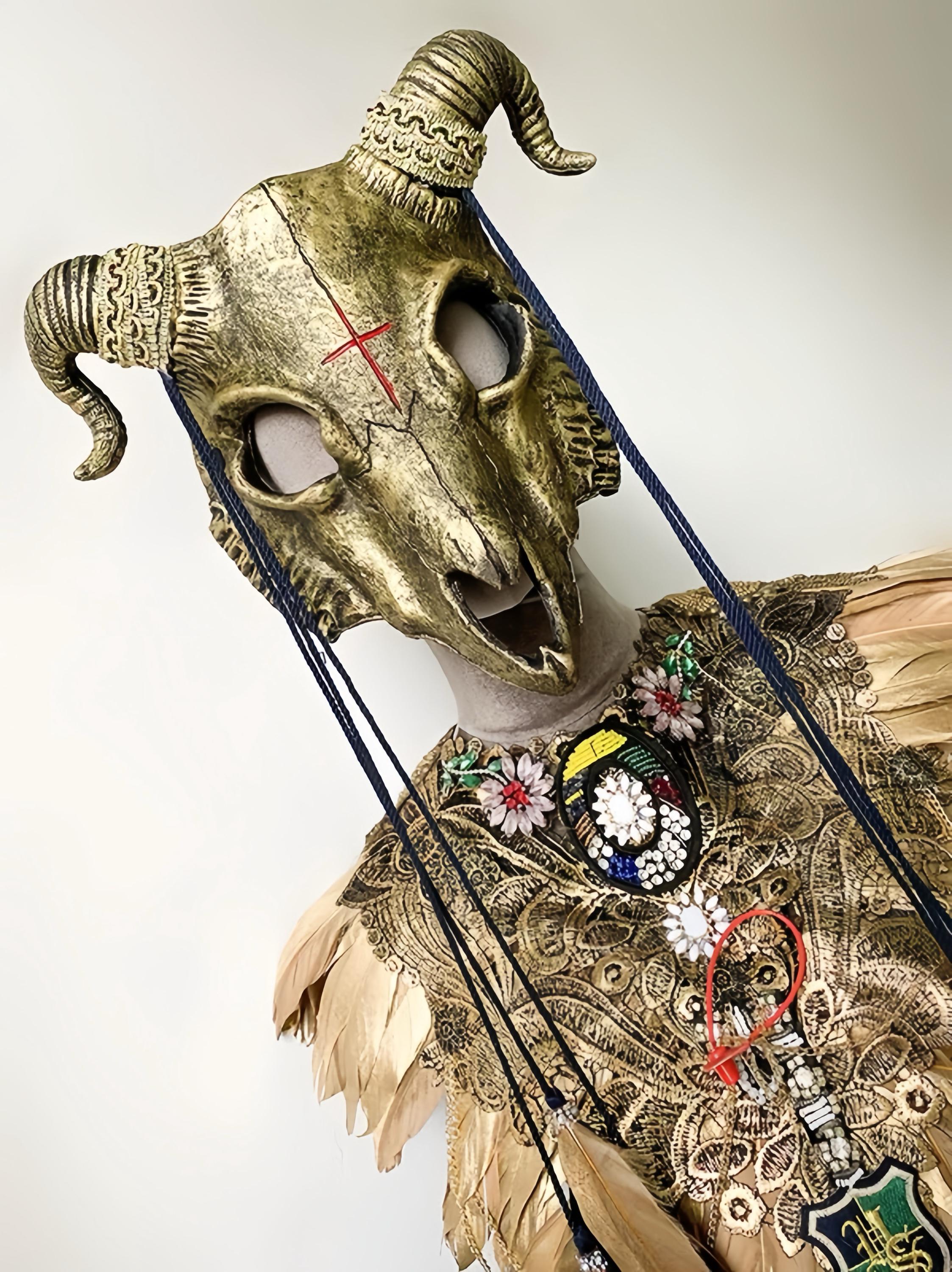 Ram Skull Mask & Feathered Ritual Cape Set - Pagan Shaman Headdress ...