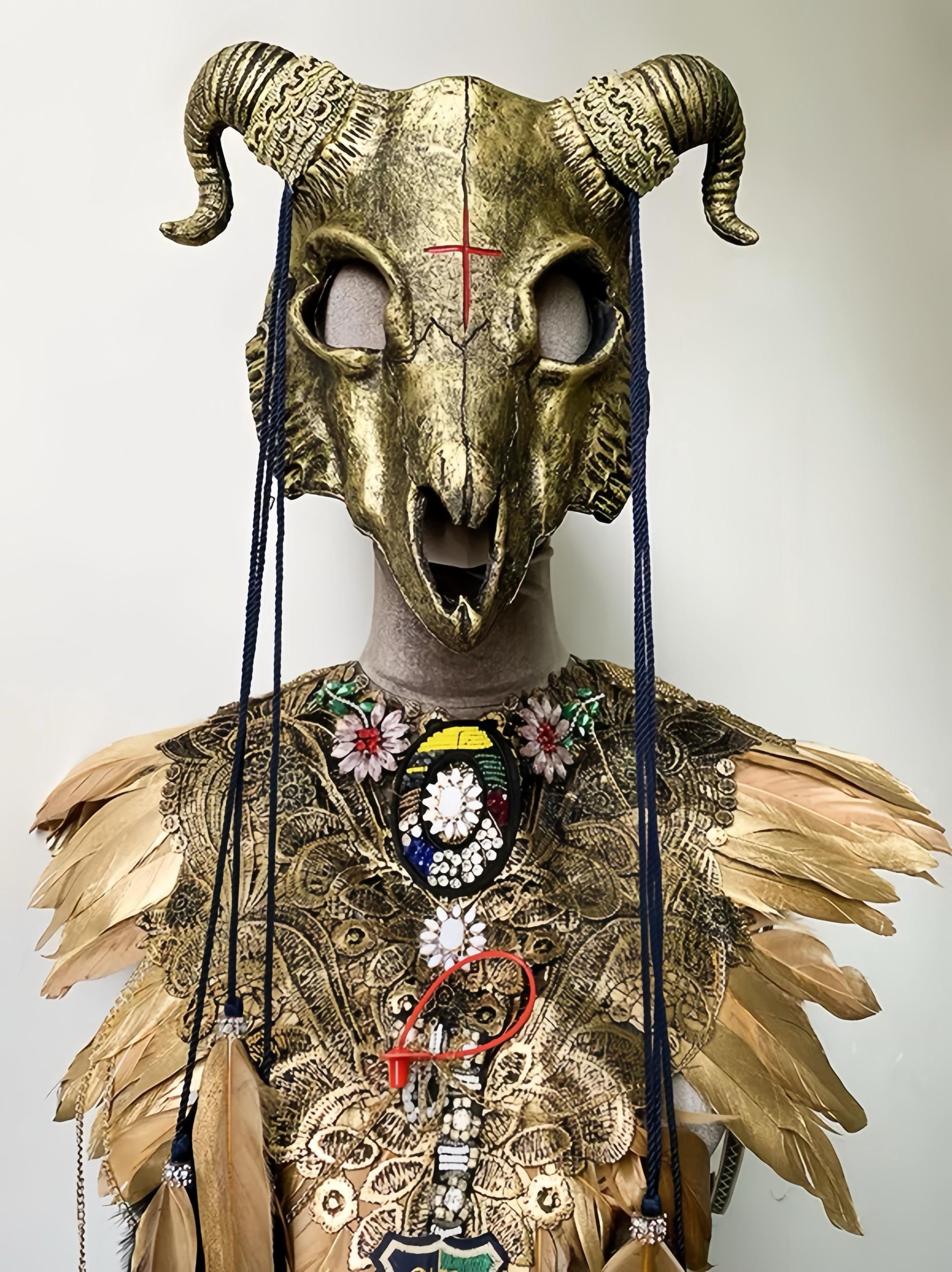 Ram Skull Mask & Feathered Ritual Cape Set - Pagan Shaman Headdress ...