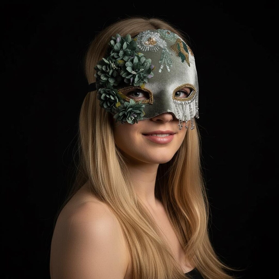 Botanical Green Masquerade Mask, Handmade Floral Venetian Mask for Ball ...