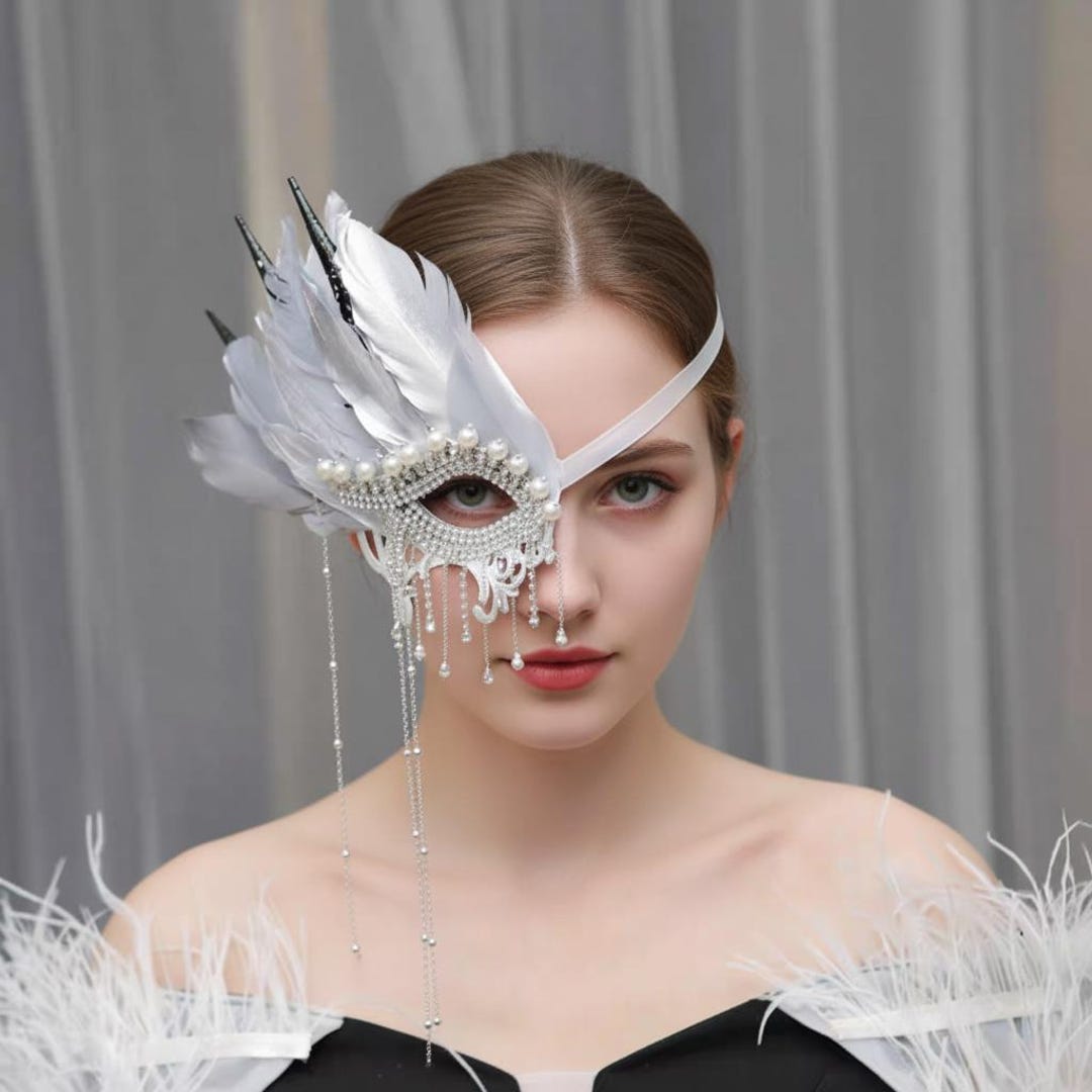 White Feather Masquerade Mask, Swan Lake Half Mask With Pearls and ...