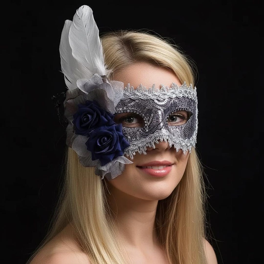 Navy Blue Sequin Masquerade Mask, Luxury Lace Floral Eye Mask for ...