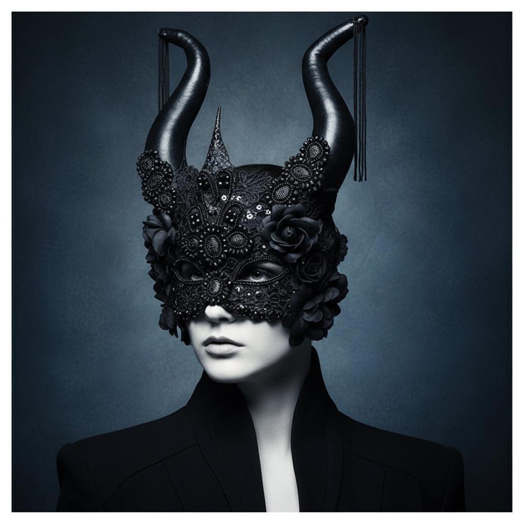 Black Devil Horn Masquerade Mask, Gothic Lace Medusa Headpiece for ...