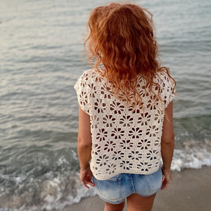 Crochet Pattern Blossom Sweater, Summer Women Filet Top, Pullover ...