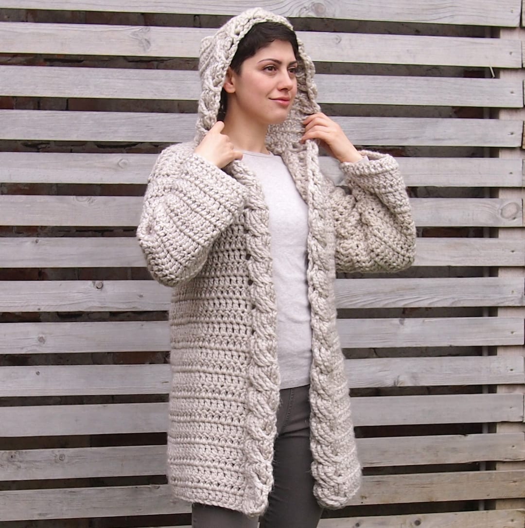 Crochet Pattern Hooded Cable Women Sweater Braided Cardigan, Bulky Coat ...