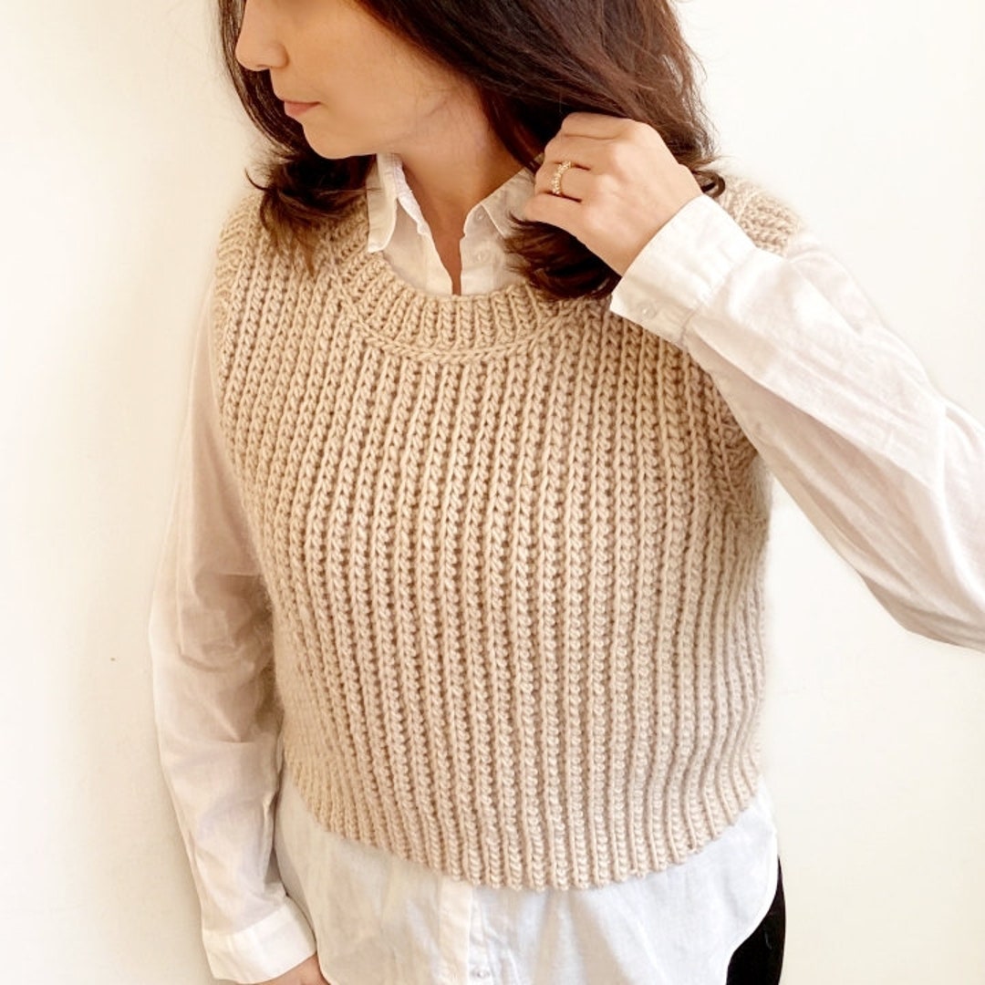 Crochet Pattern Knit Look Ribbed Women Vest Sweater, Comfort Slipover ...