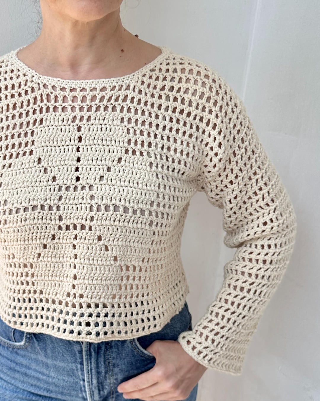 Crochet Pattern Flower Sweater, Women Pullover, Crochet Filet Top, DIY ...