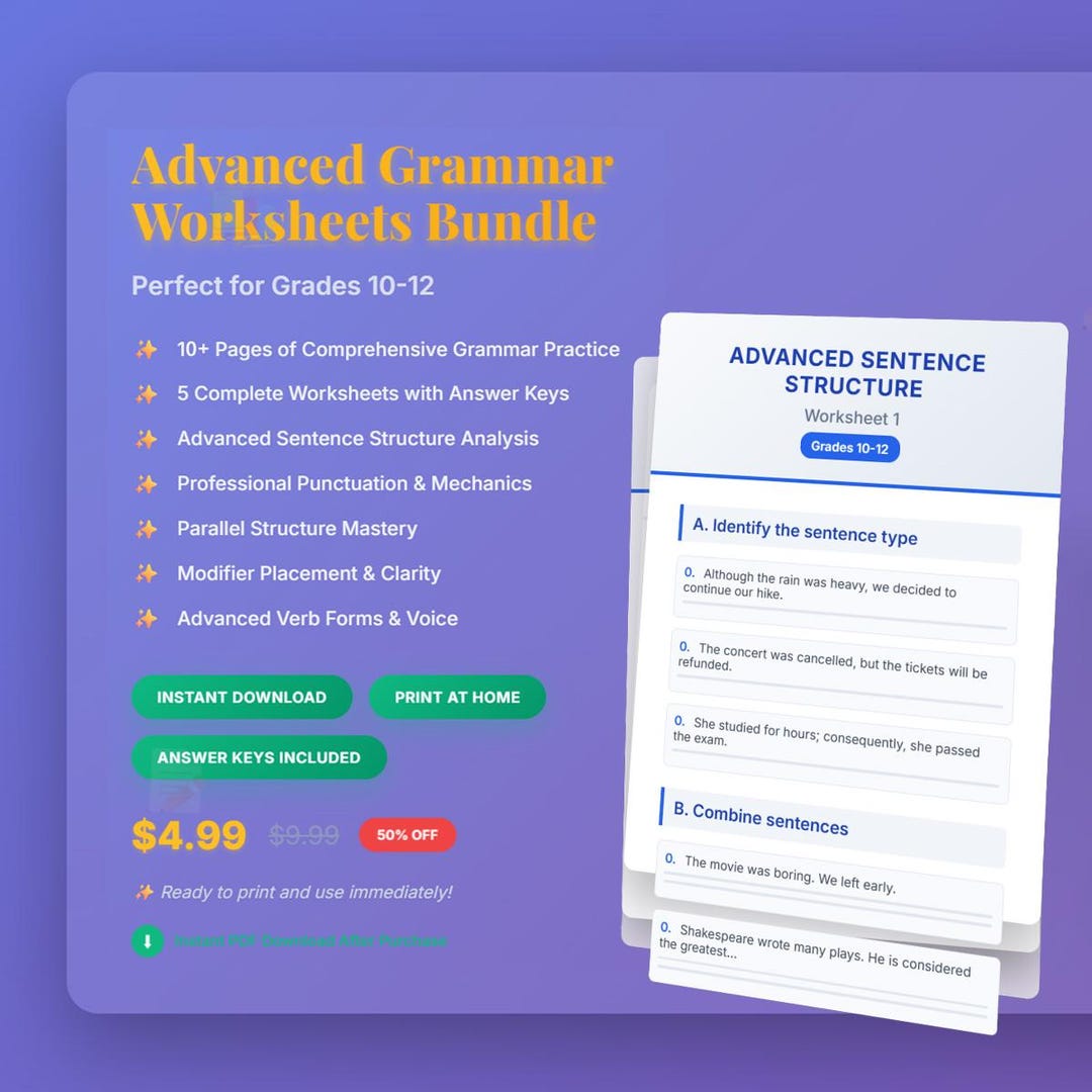 Grade 10–12 Advanced Grammar Worksheets – Printable PDF With Answer Key ...