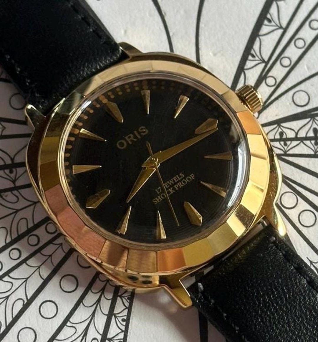 Vintage ORIS Hand-winding Watch: Black Dial, Gold Case, Swiss Made - Etsy