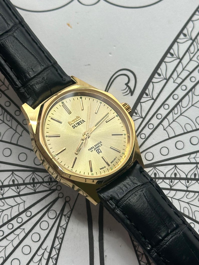 Vintage HMT Surya Gold Dial Mechanical Watch: 17 Jewels, Stainless ...