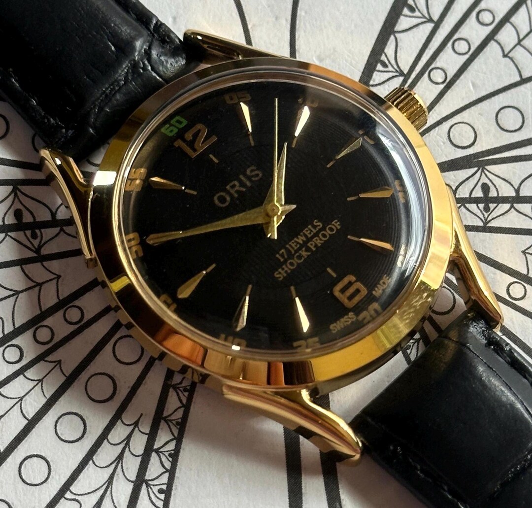 Vintage ORIS Hand-winding Watch: Black Dial, Gold Case, Swiss Made ...