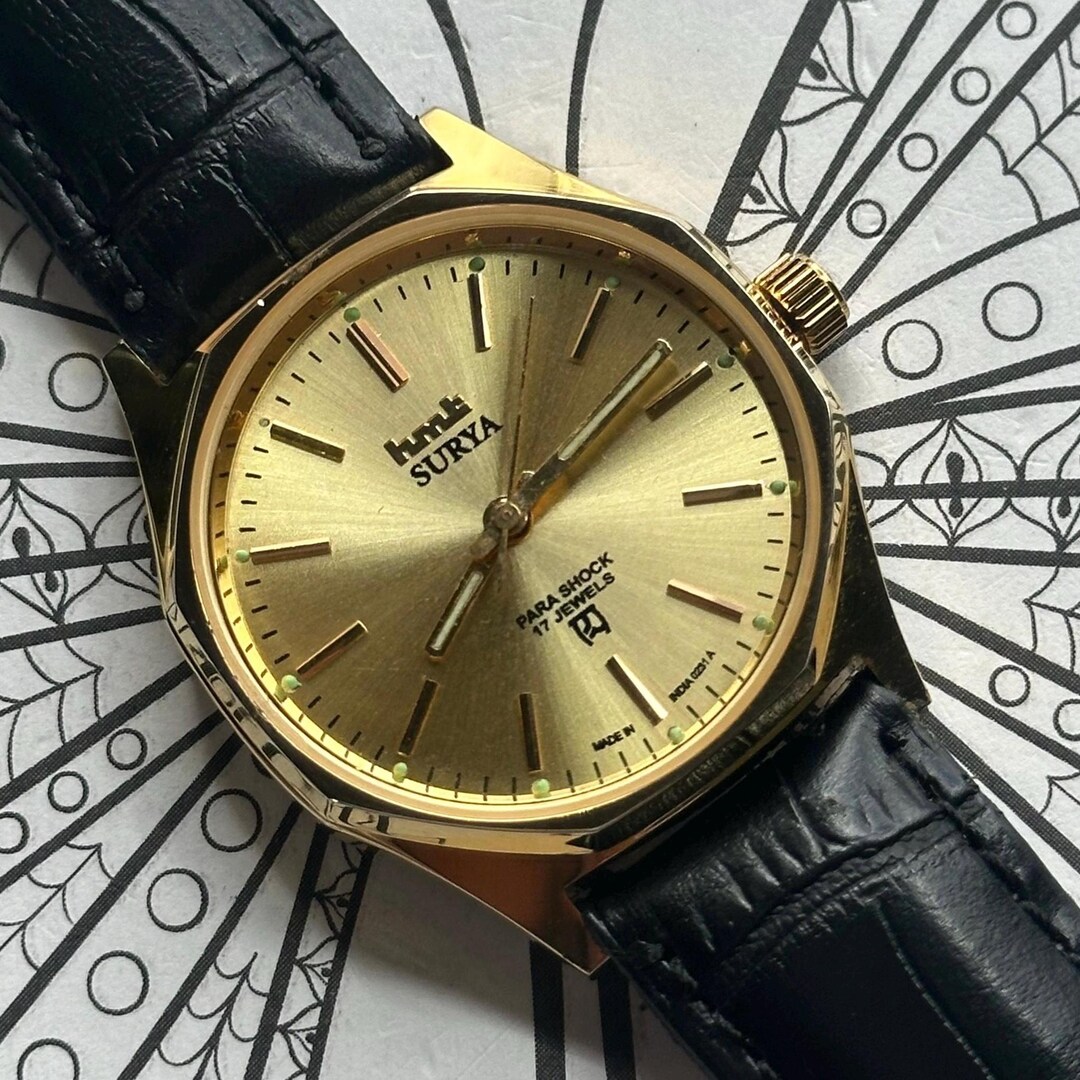 Vintage HMT Surya Gold Dial Mechanical Watch: 17 Jewels, Stainless ...