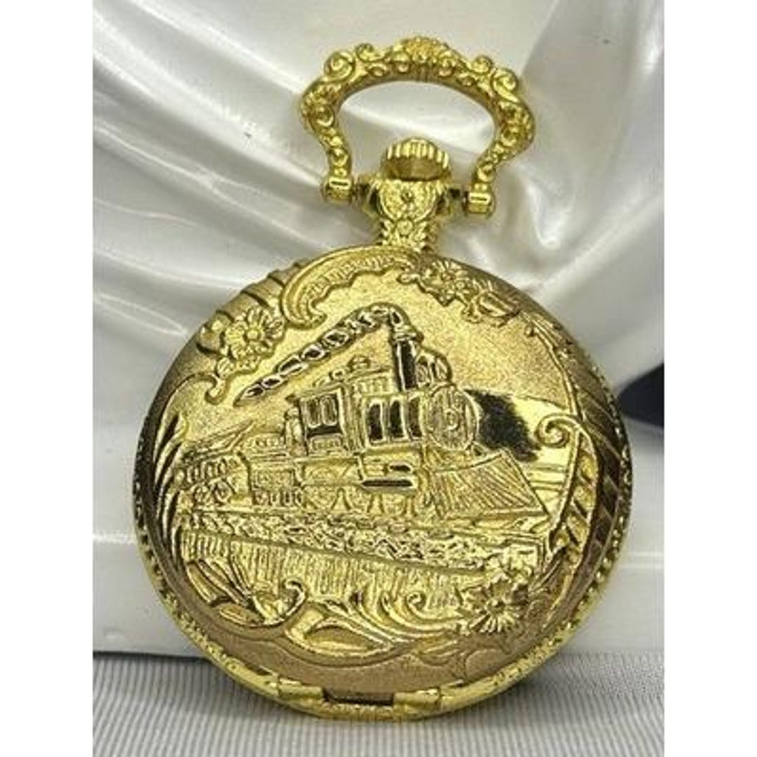 Pocket Watch Locomotive Train Scene Style Quartz Gold Tone Works - Etsy
