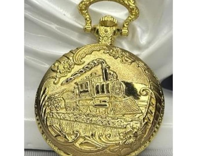 Pocket Watch Locomotive Train Scene Style Quartz Gold Tone Works - Etsy