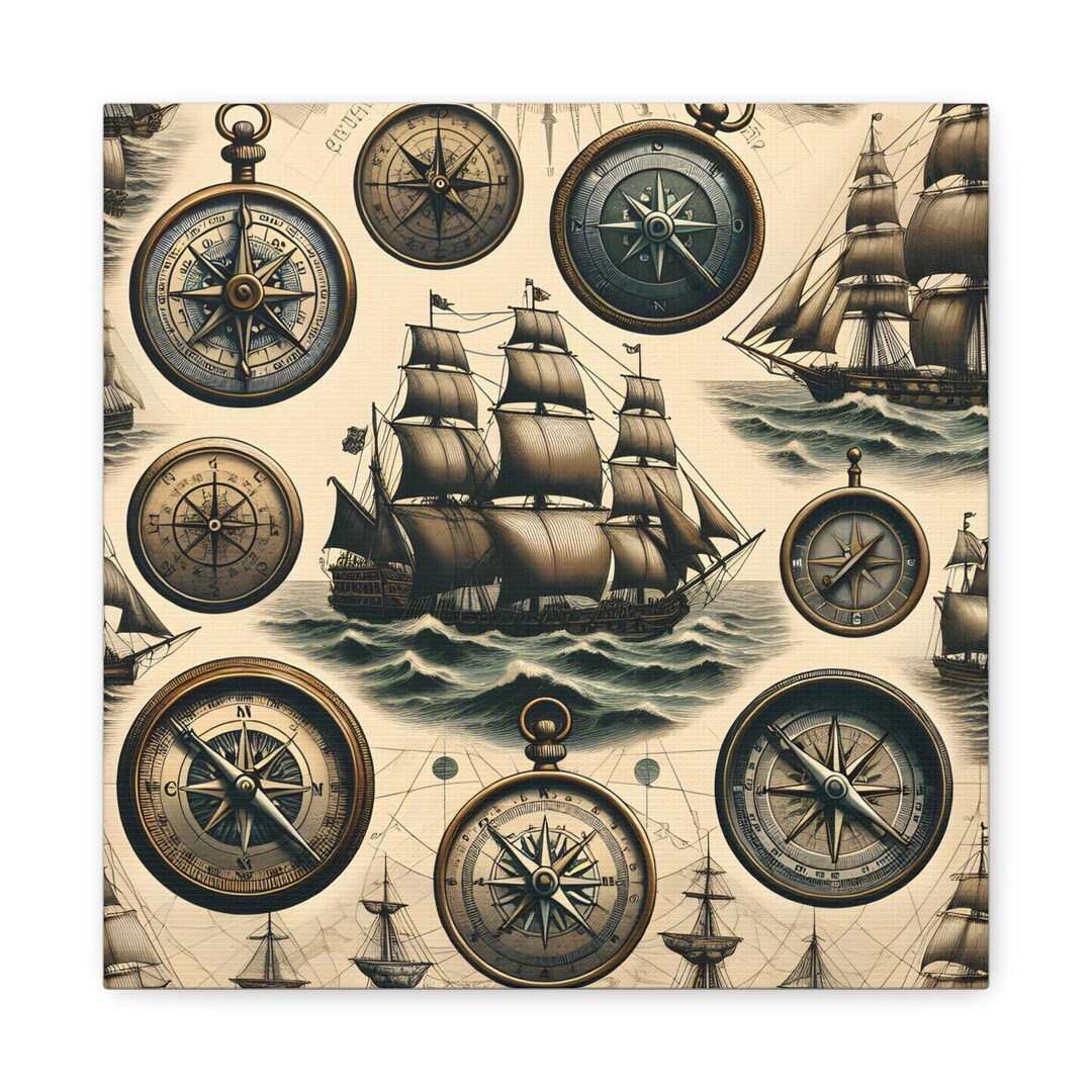 Vintage Nautical Illustration Canvas Wall Art, Ships and Compasses ...