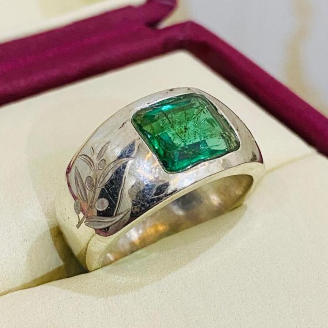 Original Emerald Stone Baguette Cut Zamurd Stone Top Gem Silver Band ...